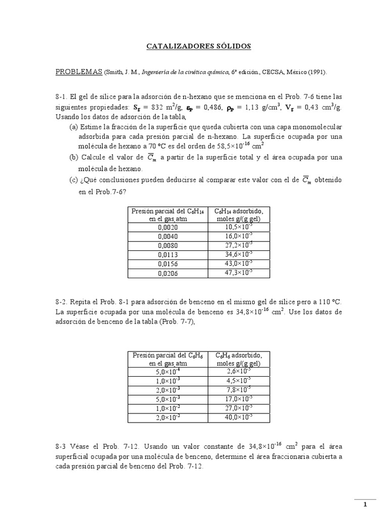 Enunciados Problemas Smith Cap8 | PDF | Adsorción | Mecánica estadística