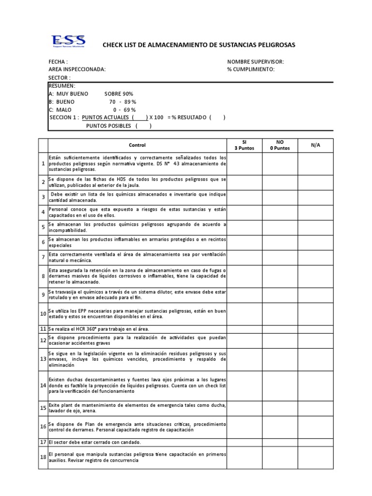 Check List Almacenamiento Sustancias Peligrosas Centinela | PDF | Naturaleza