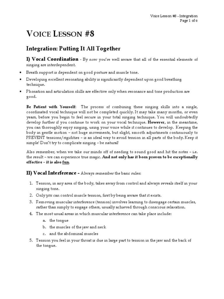 Voice Lesson 8 Integration | PDF | Vocal Pedagogy | Singing