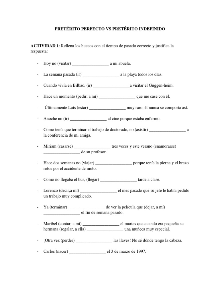 Ejercicios de Pasado: Perfecto e Indefinido | PDF