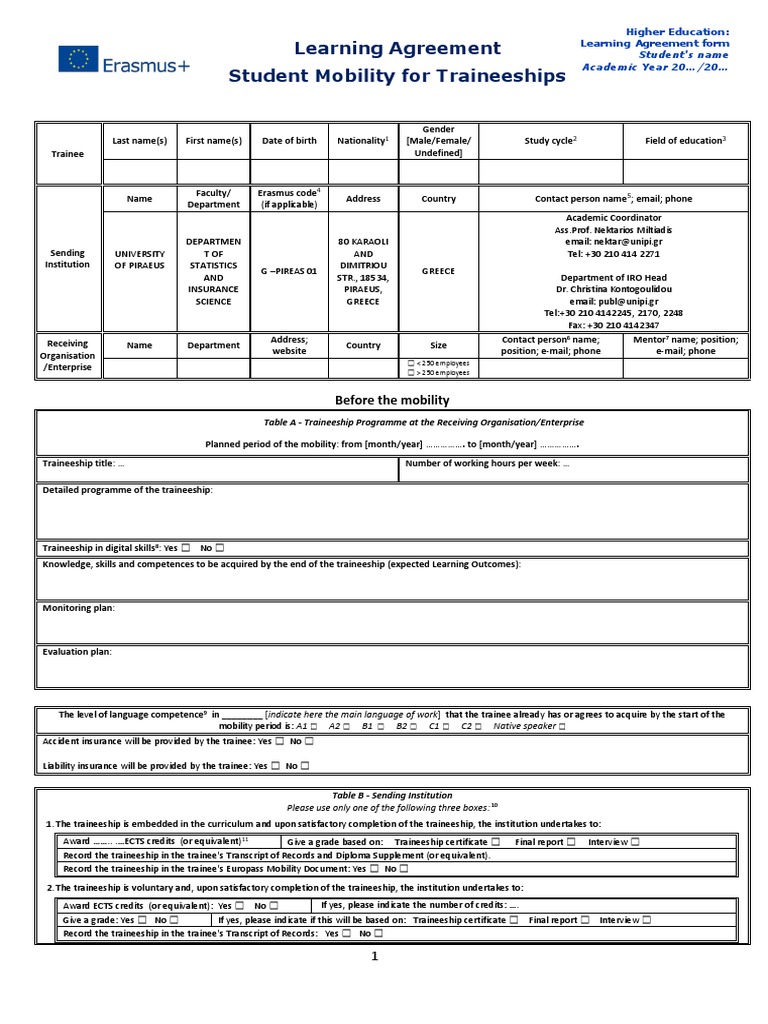 Learning Agreement Student Mobility For Traineeships | PDF | Academic ...