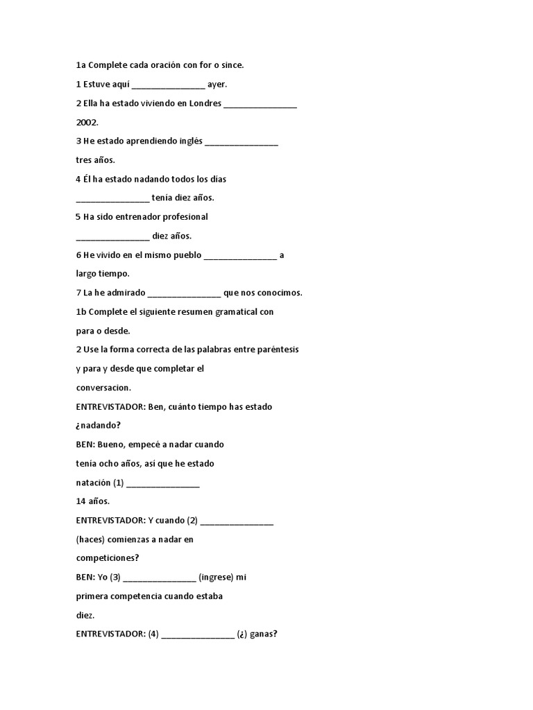 1a Complete Cada Oración Con For o Since | PDF | Deportes | Ocio