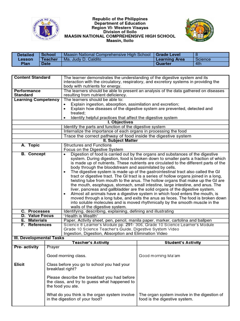 Detailed Lesson Plan in Digestive System | PDF | Gastrointestinal Tract ...