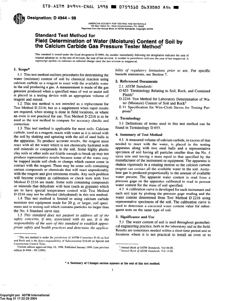 Astm D 4944 1998 PDF | PDF