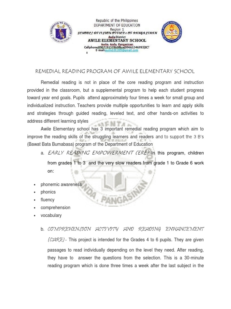 Remedial Reading Program of Awile Elementary School | PDF | Reading ...