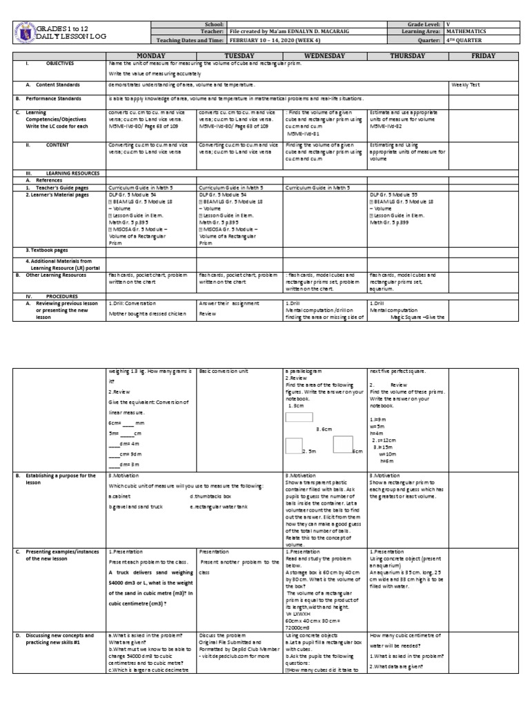 DLL - Mathematics 5 - Q4 - W4 | PDF | Volume | Teachers