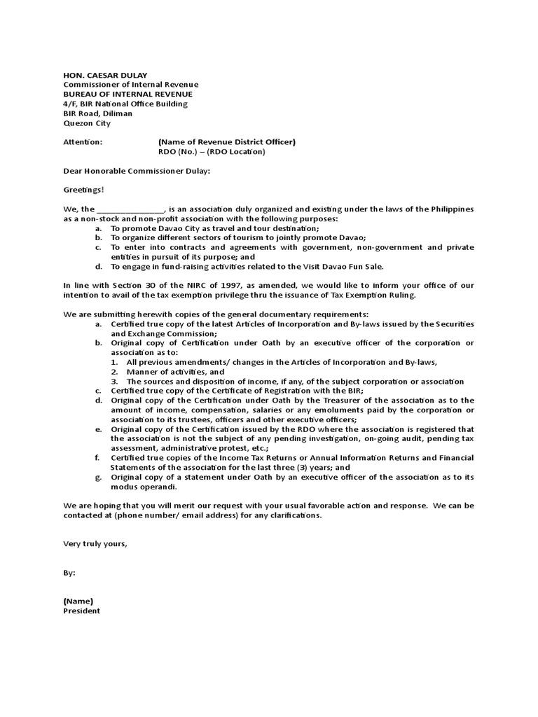 Letter Request - Tax Exemption | PDF | Corporations | Internal Revenue ...