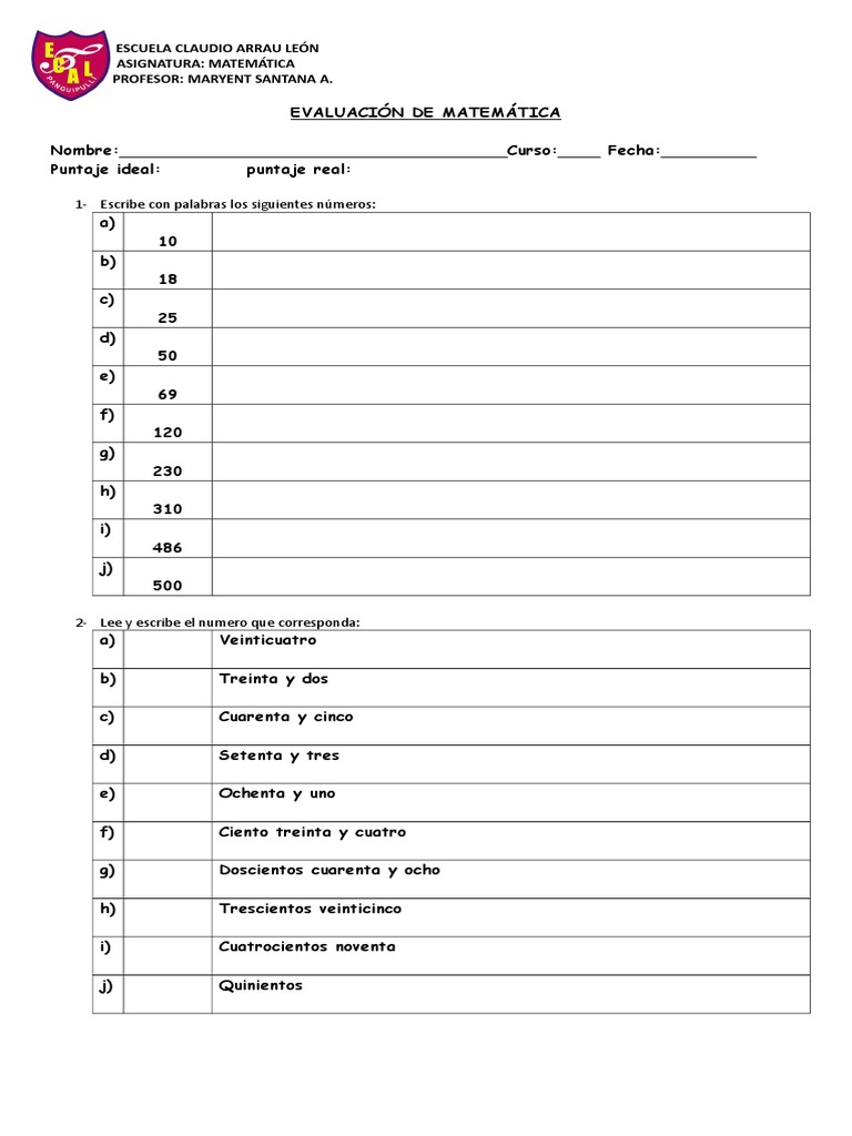 Evaluacion Lectura y Escritura de Numeros | PDF