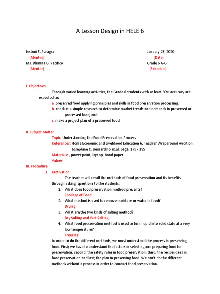 A Lesson Design in HELE 6 Chapter 2 | PDF | Food Preservation | Foods