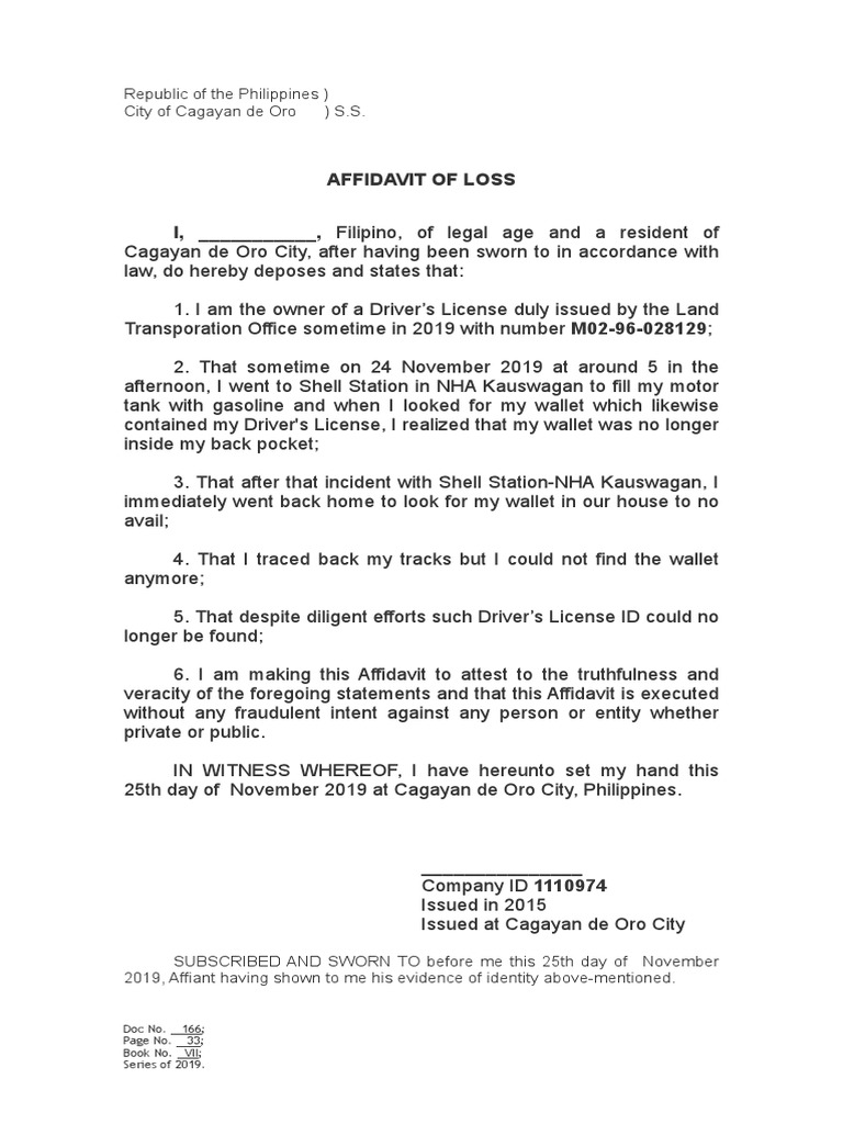 AFFIDAVIT OF LOSS - LTO - Sample