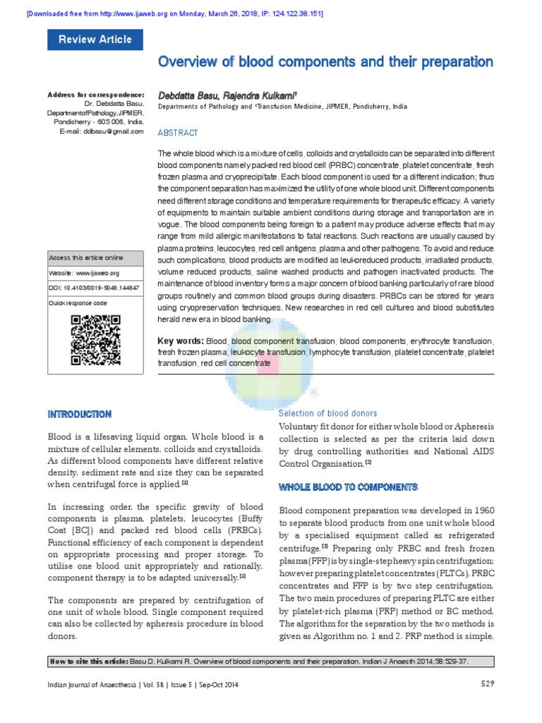 Overview of Blood Components and Their Preparation | PDF | Blood ...