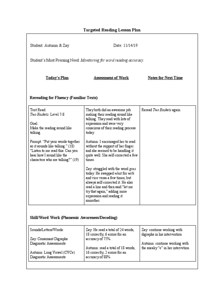 Targeted Reading Lesson Plan | PDF | Crossword | Neuropsychological ...
