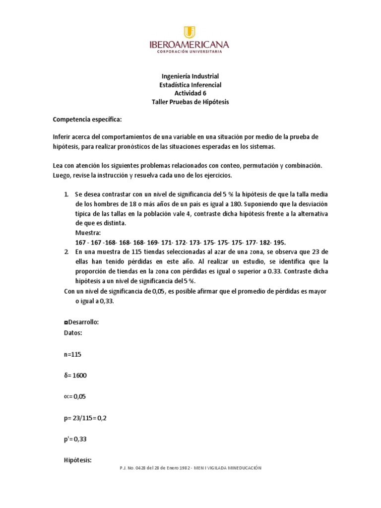 Actividad 6 Taller Pruebas de Hipótesis | PDF | Distribución normal ...