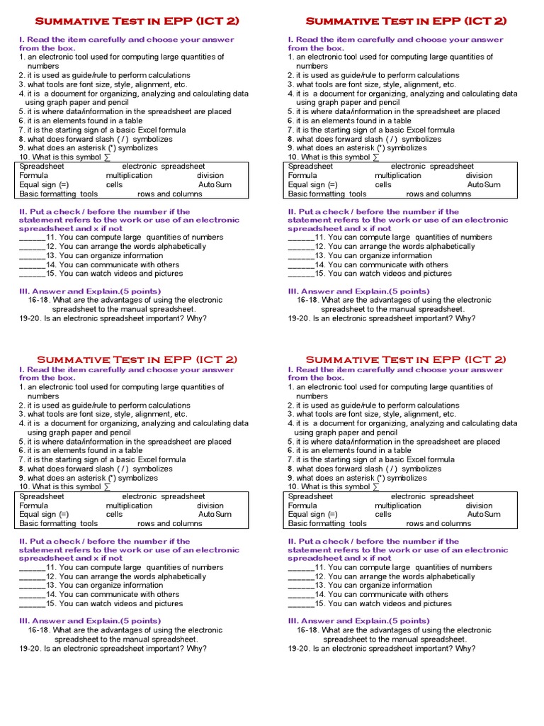 Summative Test in EPP6 ICT 2 | PDF | Spreadsheet | Formula