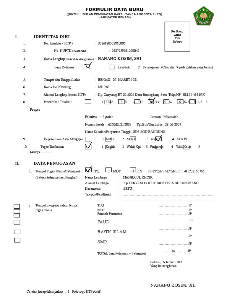 Form Kta TPQ Nanang | PDF