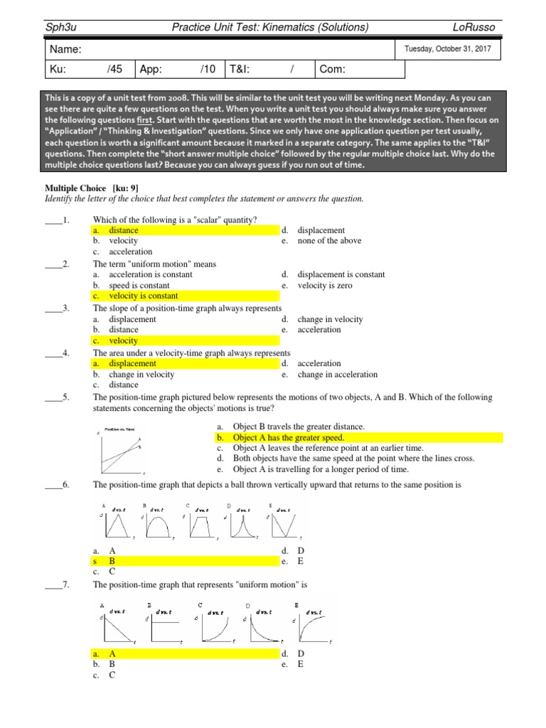 Unit Test (Practice) - Kinematics (Oct 2008 Version) Solutions | PDF ...