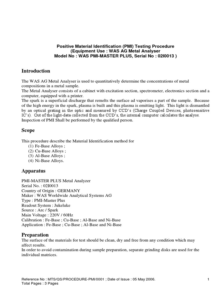 Operating Procedures For PMI | PDF | Charge Coupled Device | Metals