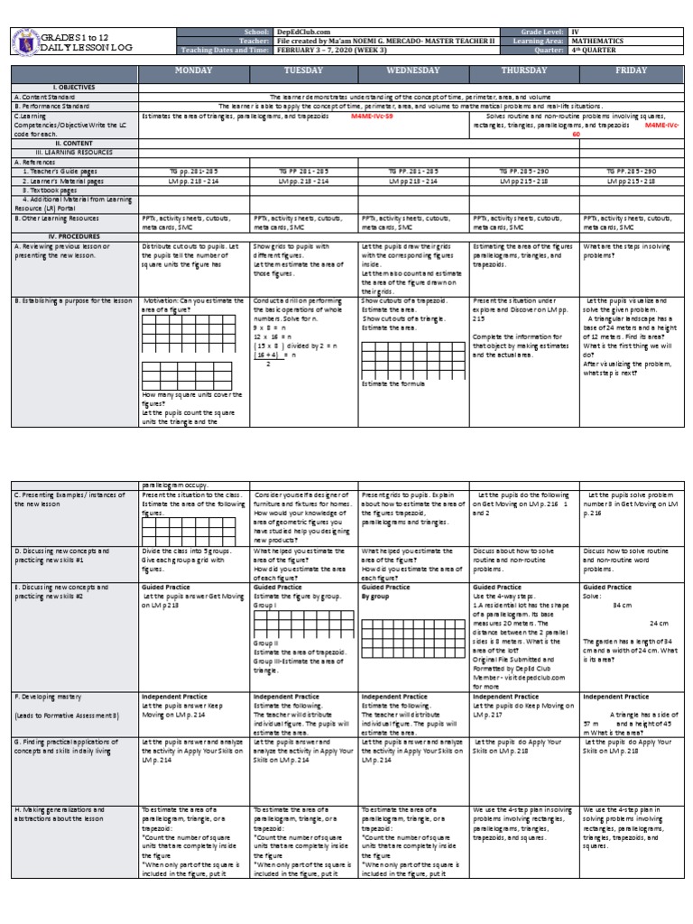 DLL - Mathematics 4 - Q4 - W3 | PDF | Area | Triangle