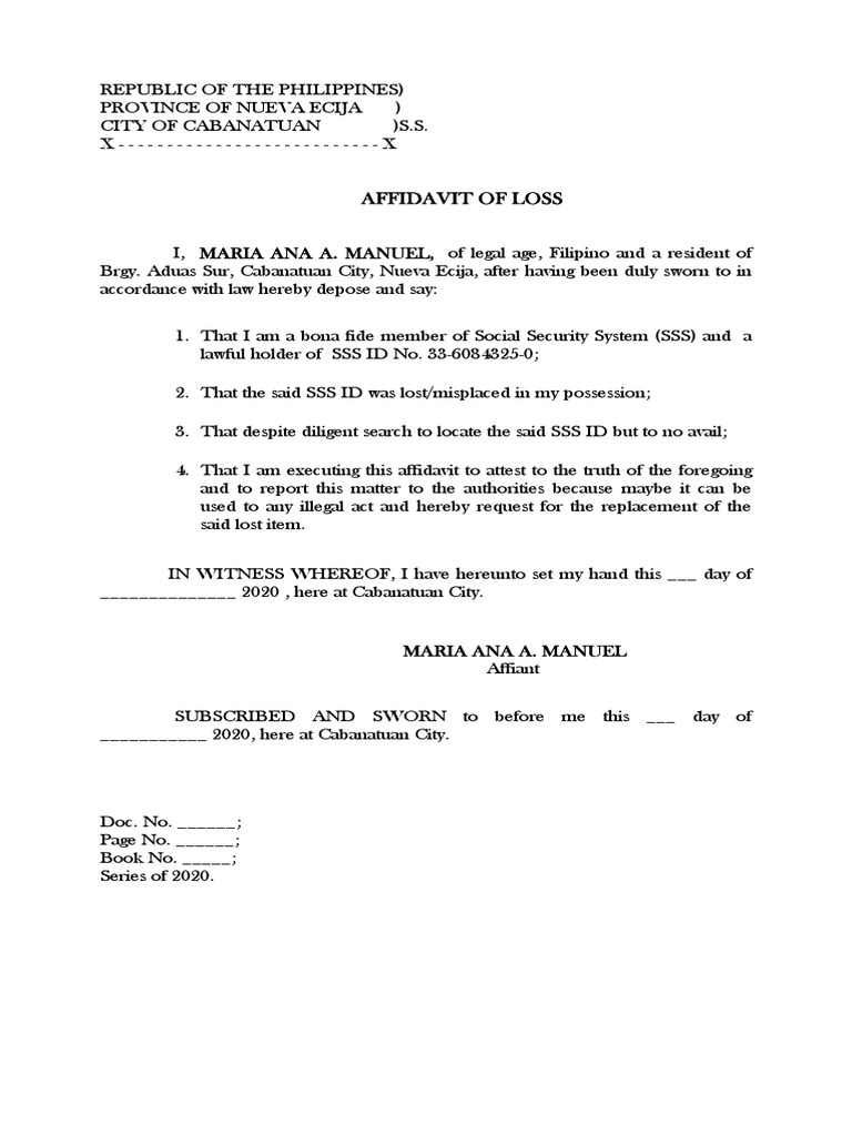 AFFIDAVIT OF LOSS SSS ID Manuel | PDF | Affidavit | Comparative Law