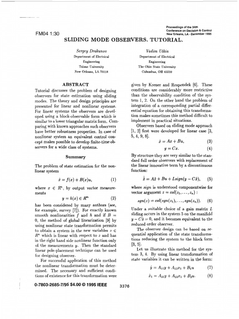 Sliding Mode Observers Tutorial | PDF | Cybernetics | Mathematical Concepts