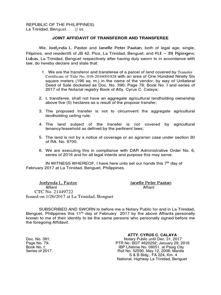 Joint Affidavit of Transferor-Transferee - pAATAN. 2017 | PDF ...
