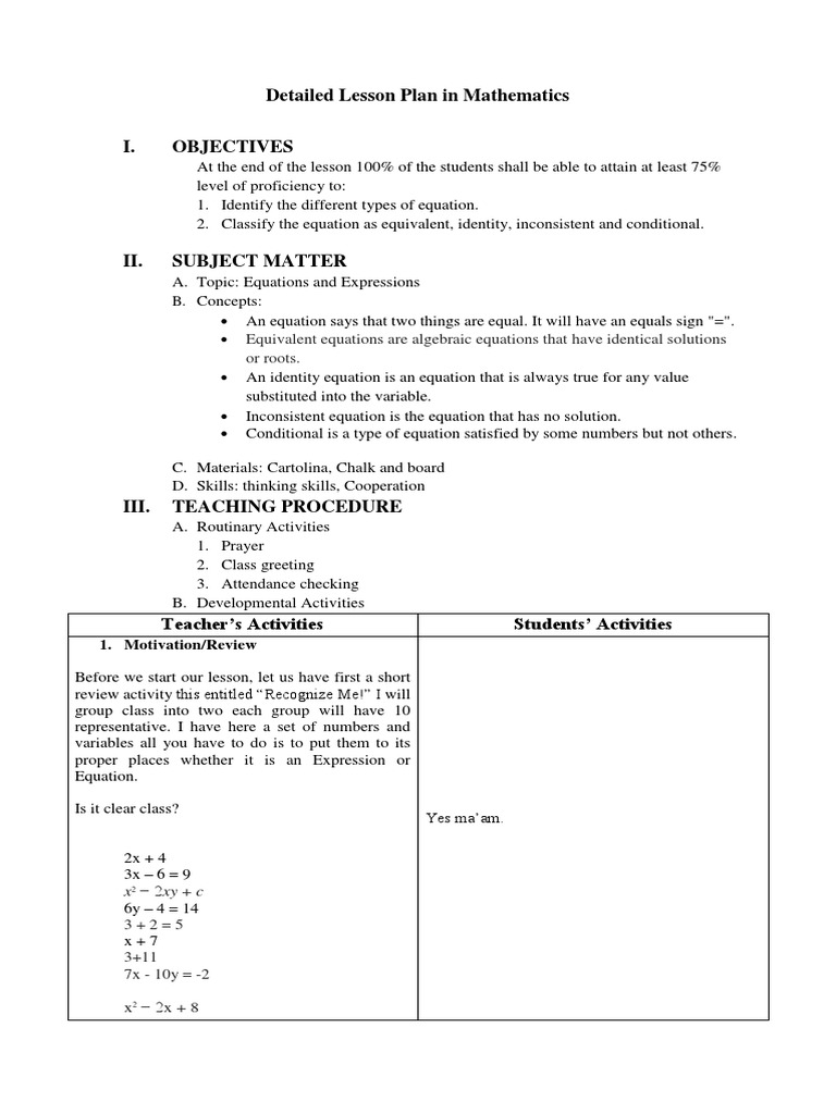 Grade 7 Lesson Plan | Download Free PDF | Equations | Lesson Plan