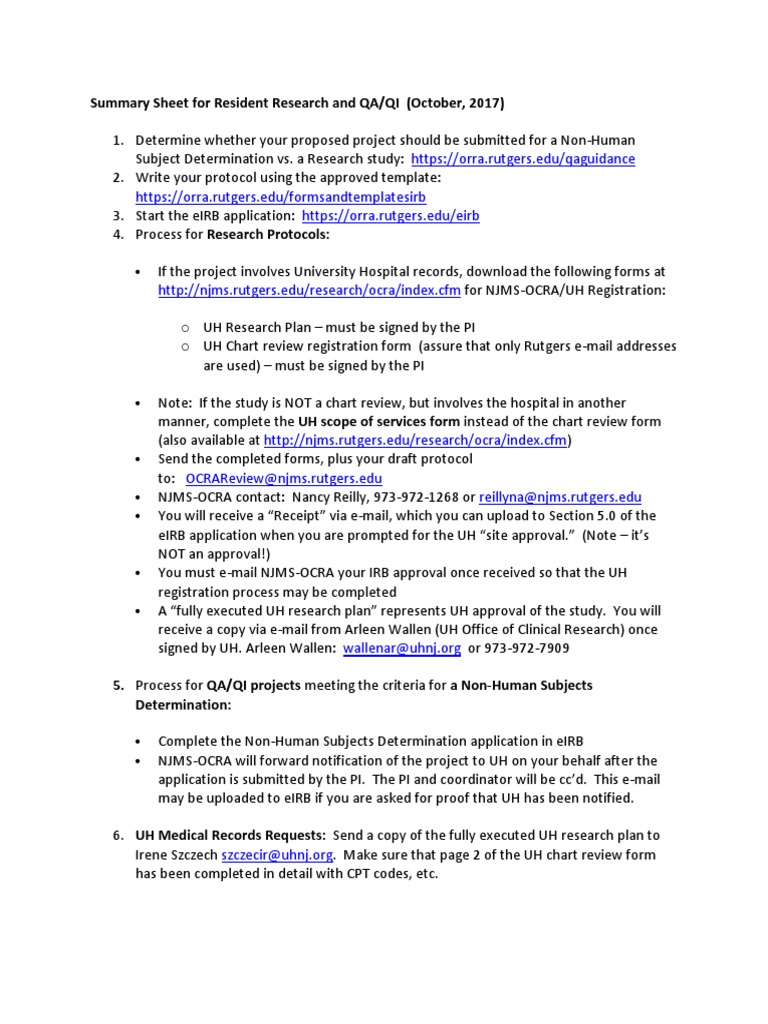 IRB - Summary Sheet For Resident Research and QAQI | PDF ...