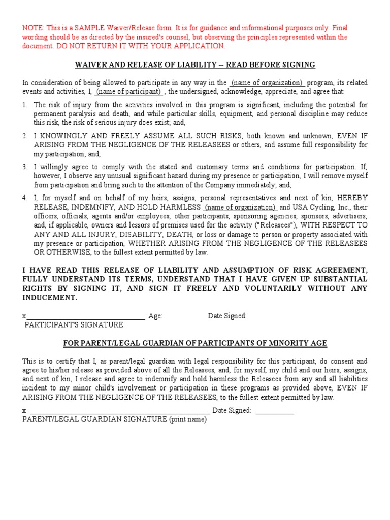 2018 Sample Waiver and Release | PDF | Indemnity | Social Institutions