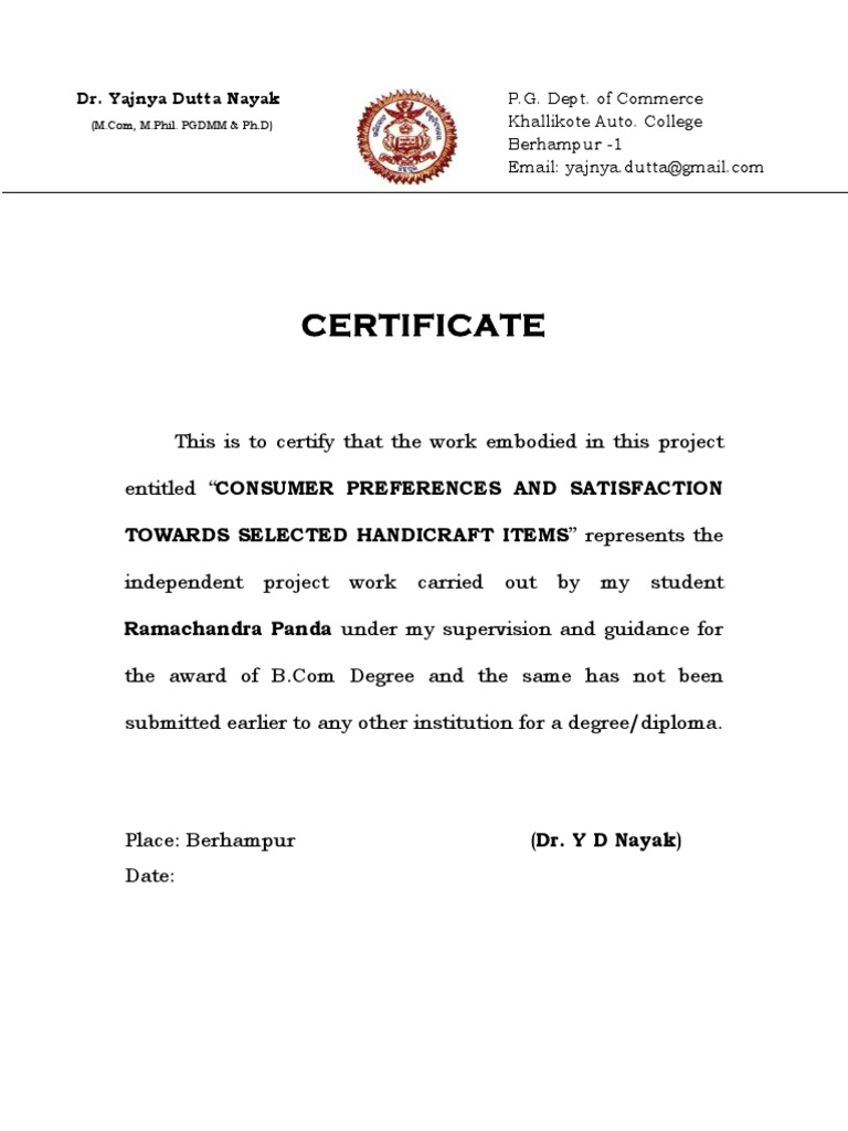 Handicraft Project Certificate | PDF