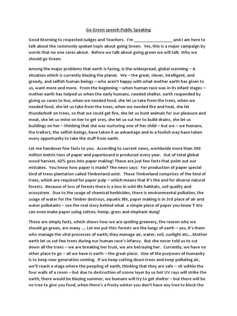 Go Green Speech Public Speaking | PDF | Trees | Paper