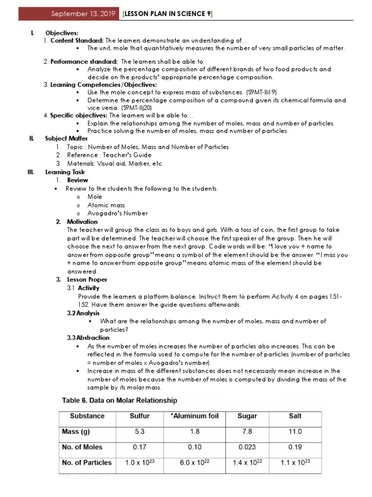 Grade 9 Number of Moles and Number of Particles | PDF | Mole (Unit ...