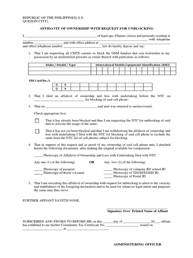 Affidavit for Unblocking Lost Phone | PDF | Affidavit | Mobile Phones