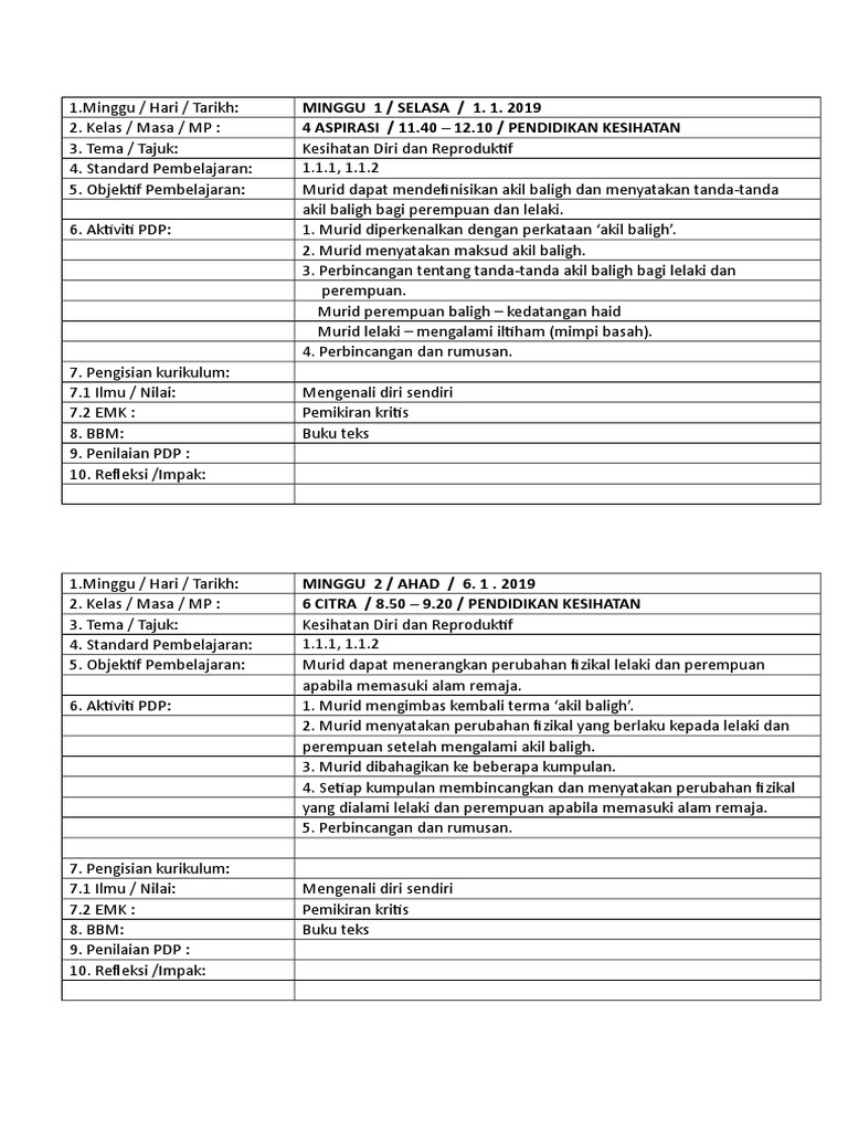 Contoh RPH PK Tahun 4 & 6 (PDP 1) | PDF