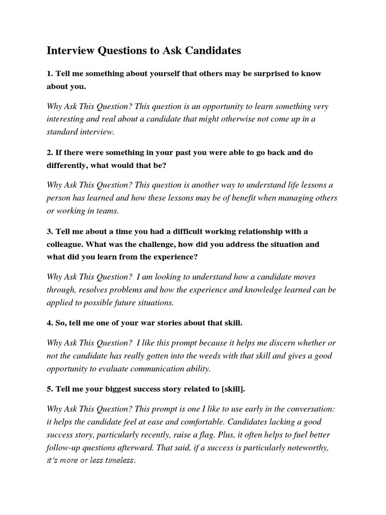 Interview Questions To Ask Candidates | PDF | Question | Interview