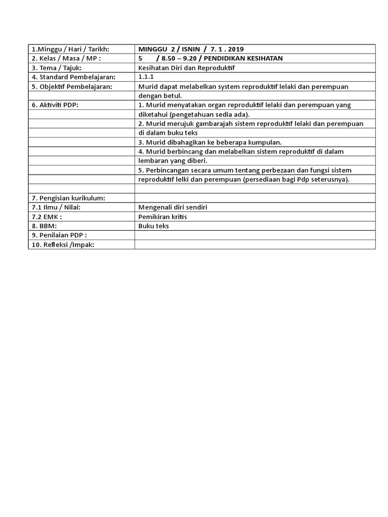 Contoh RPH PK Tahun 5 (PDP 1) | PDF