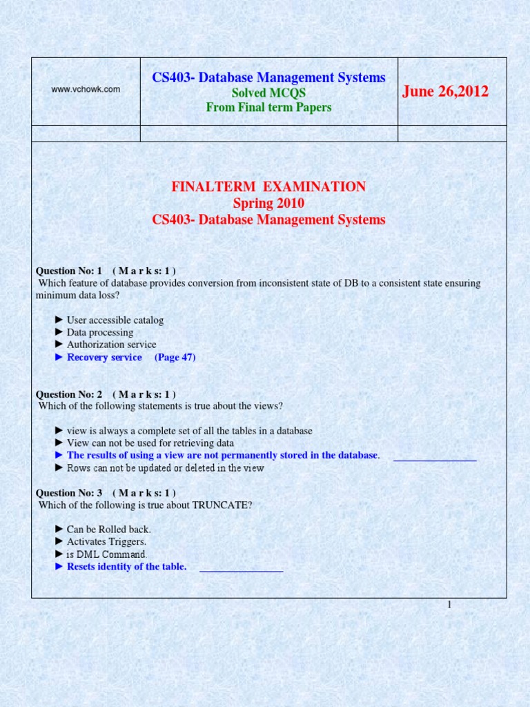 Cs403-Finalterm-Solved-Mcqs Solved Mega File | PDF | Database Index | Relational Database