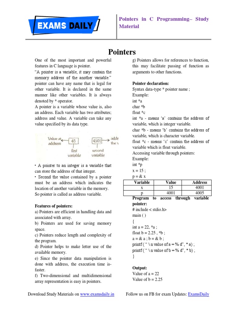 Pointers in C Programming Study Material | Download Free PDF | Pointer ...