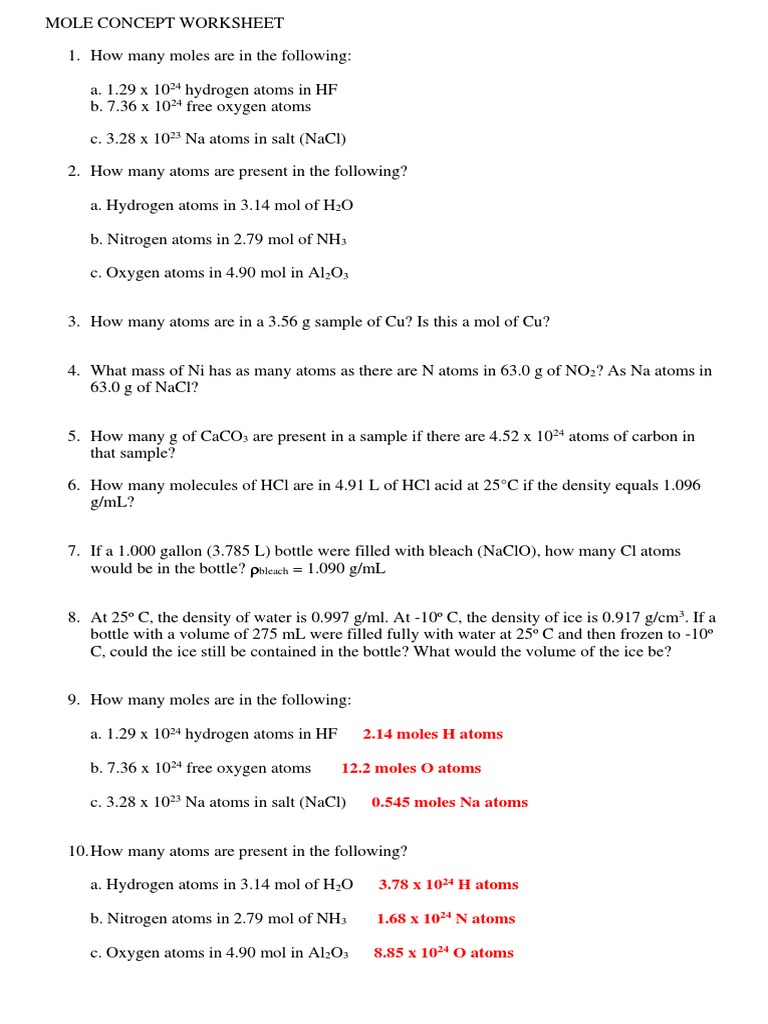 Mole Concept Worksheet Answers | PDF | Mole (Unit) | Carbon