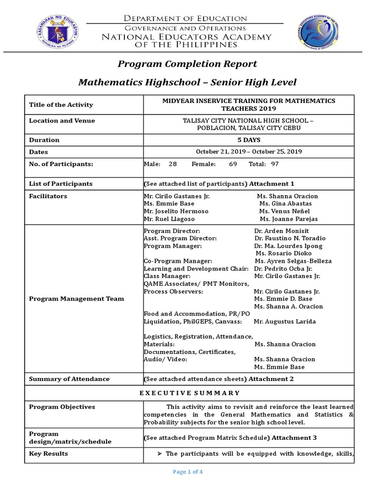 Sample Program Completion Report | PDF | Cognition | Teaching Mathematics