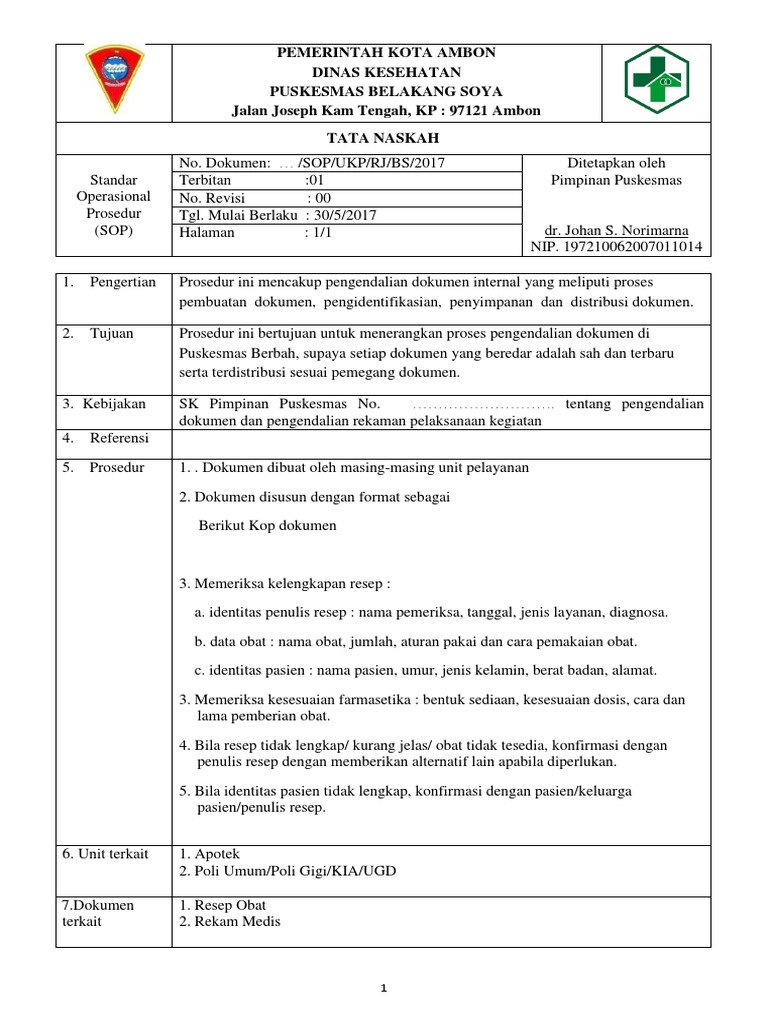 CONTOH SPO Penerimaan Resep Obat | PDF