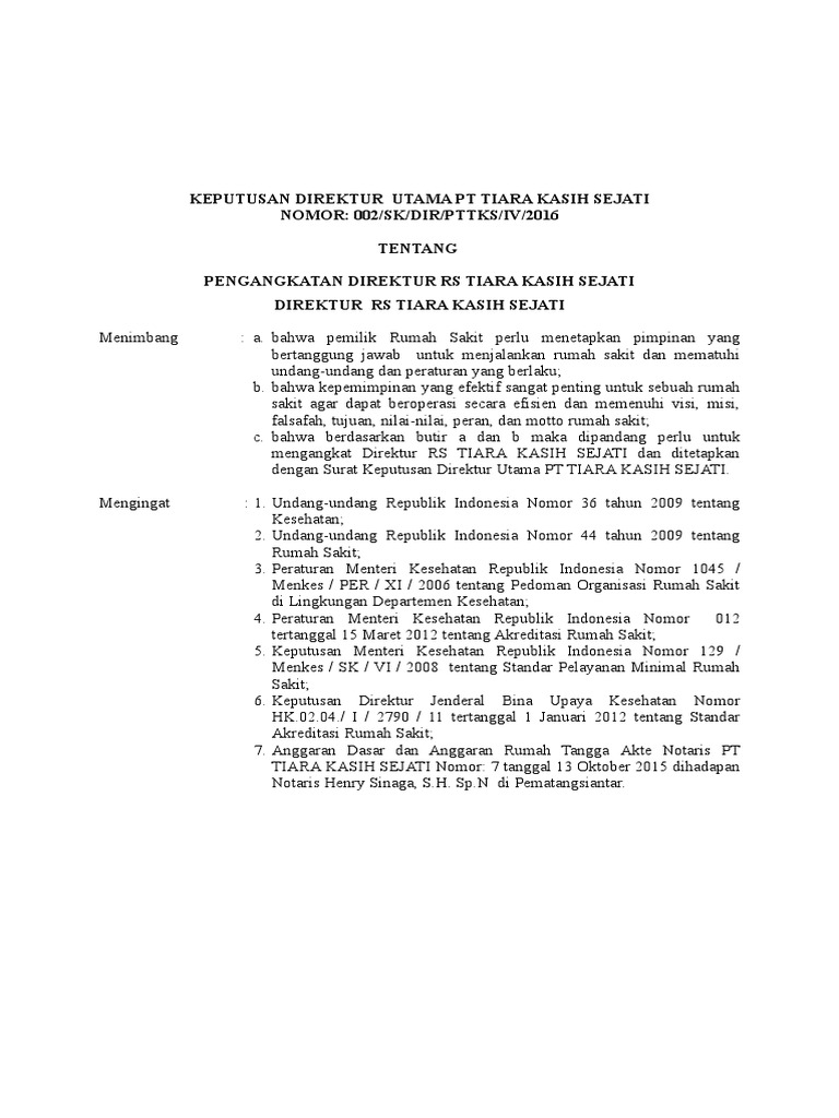 SK Pengangkatan Direktur Rumah Sakit TKS | PDF