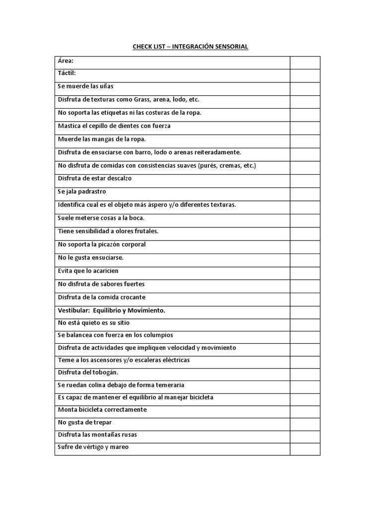 Integracion Sensorial Checklist | PDF | Hogar, jardinería y bricolaje | Relaciones personales ...