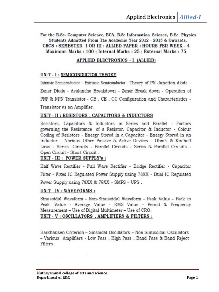 Applied Electronics - 1 (Allied) | PDF | P–N Junction | Bipolar Junction Transistor