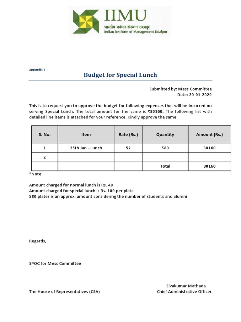 Special Lunch Budget Approval Request | PDF