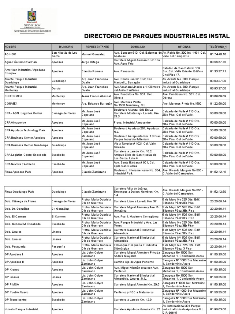 Directorio de Parques Industriales NL | PDF | México | Transporte