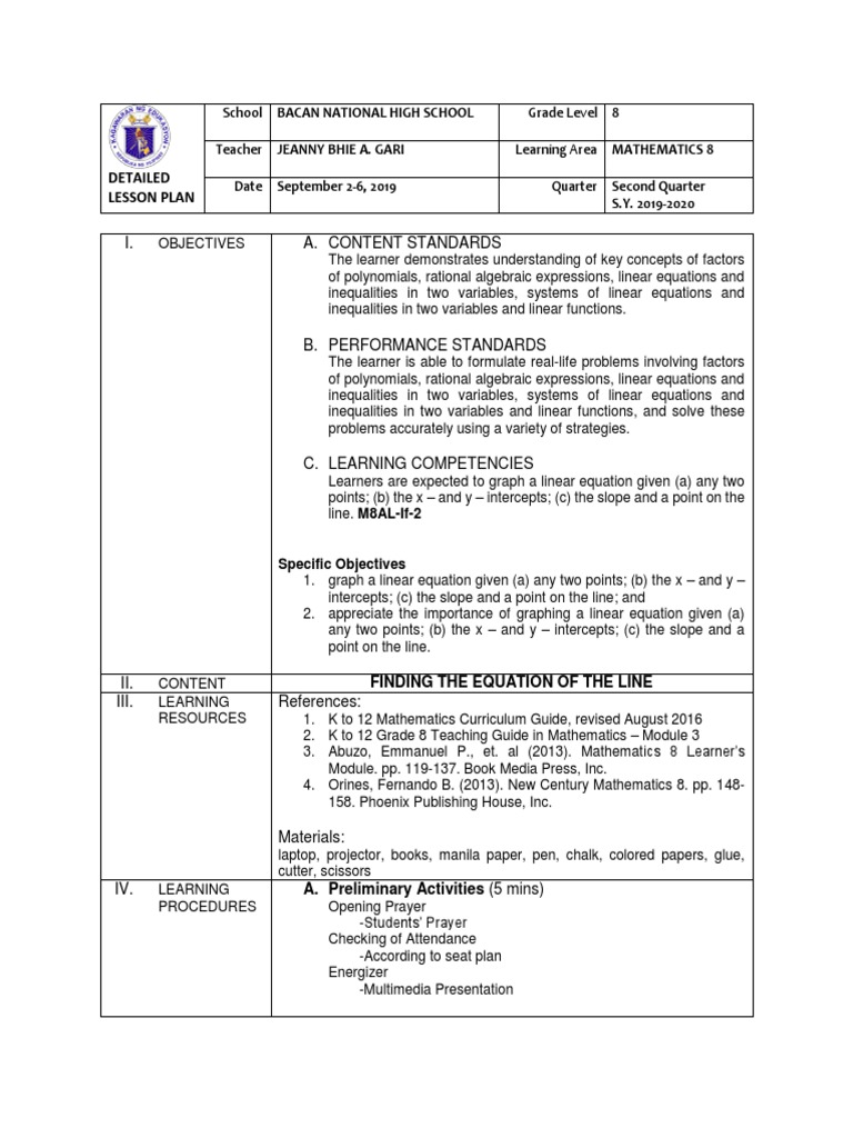 Lesson Plan: Linear Equations for Grade 8 | PDF | Variable (Mathematics ...