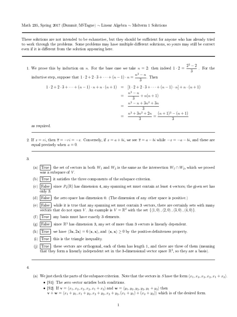 2017spring 235 Midterm 1 Solutions | PDF | Basis (Linear Algebra ...
