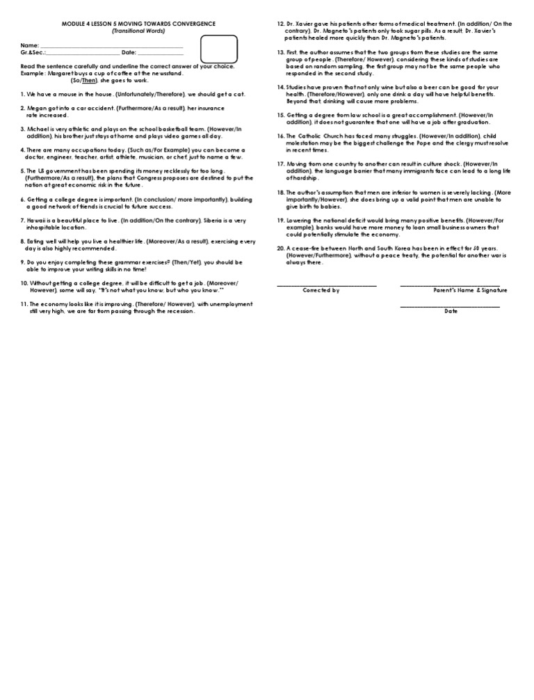 Module 4 Lesson 5 Transitional Word Quiz | PDF