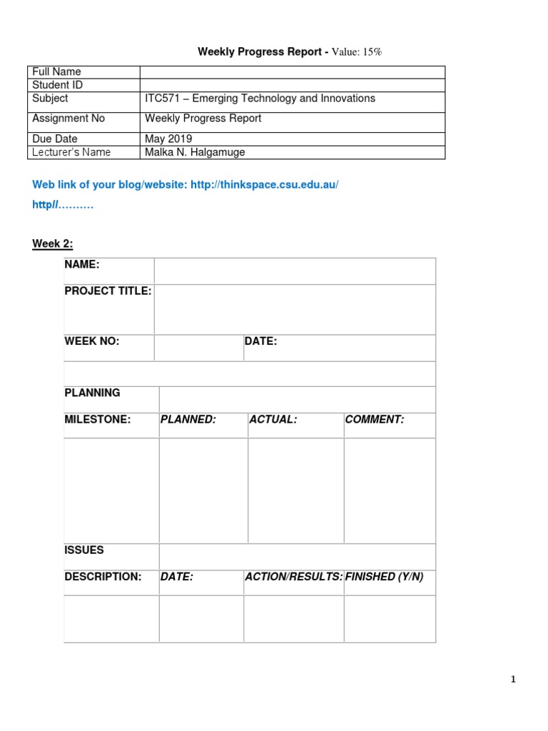 Weekly Progress Report Template ITC571 | PDF | Internet | Computing And ...
