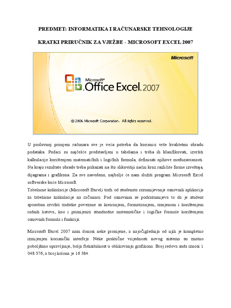 Excel 2007 - Prirucnik Za Vjezbe 2010 11 | PDF